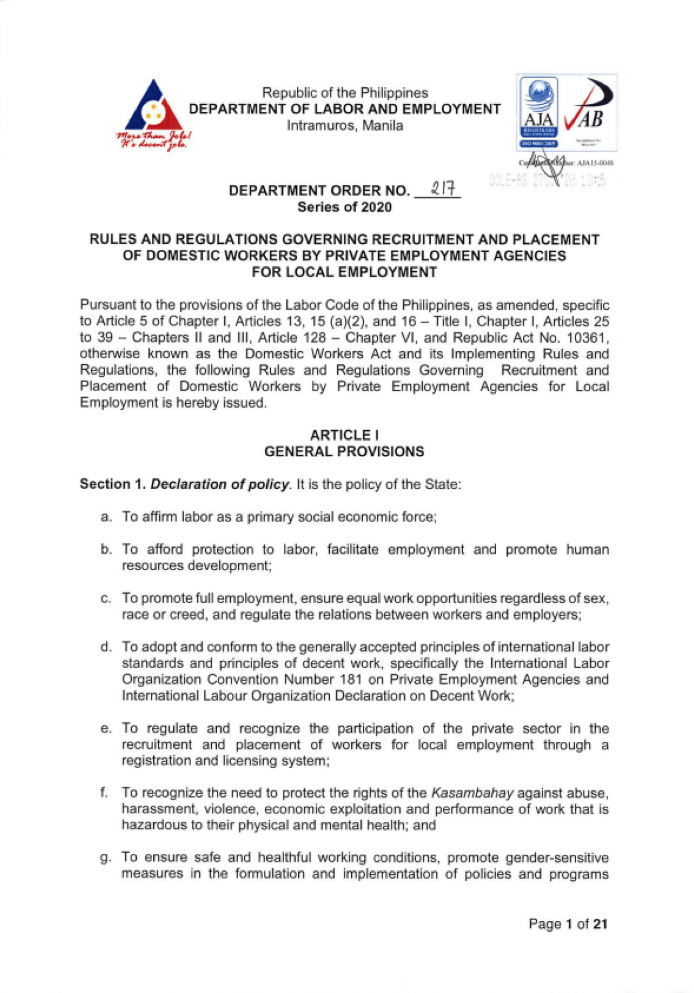 DOLE Issuances - Batang Malaya