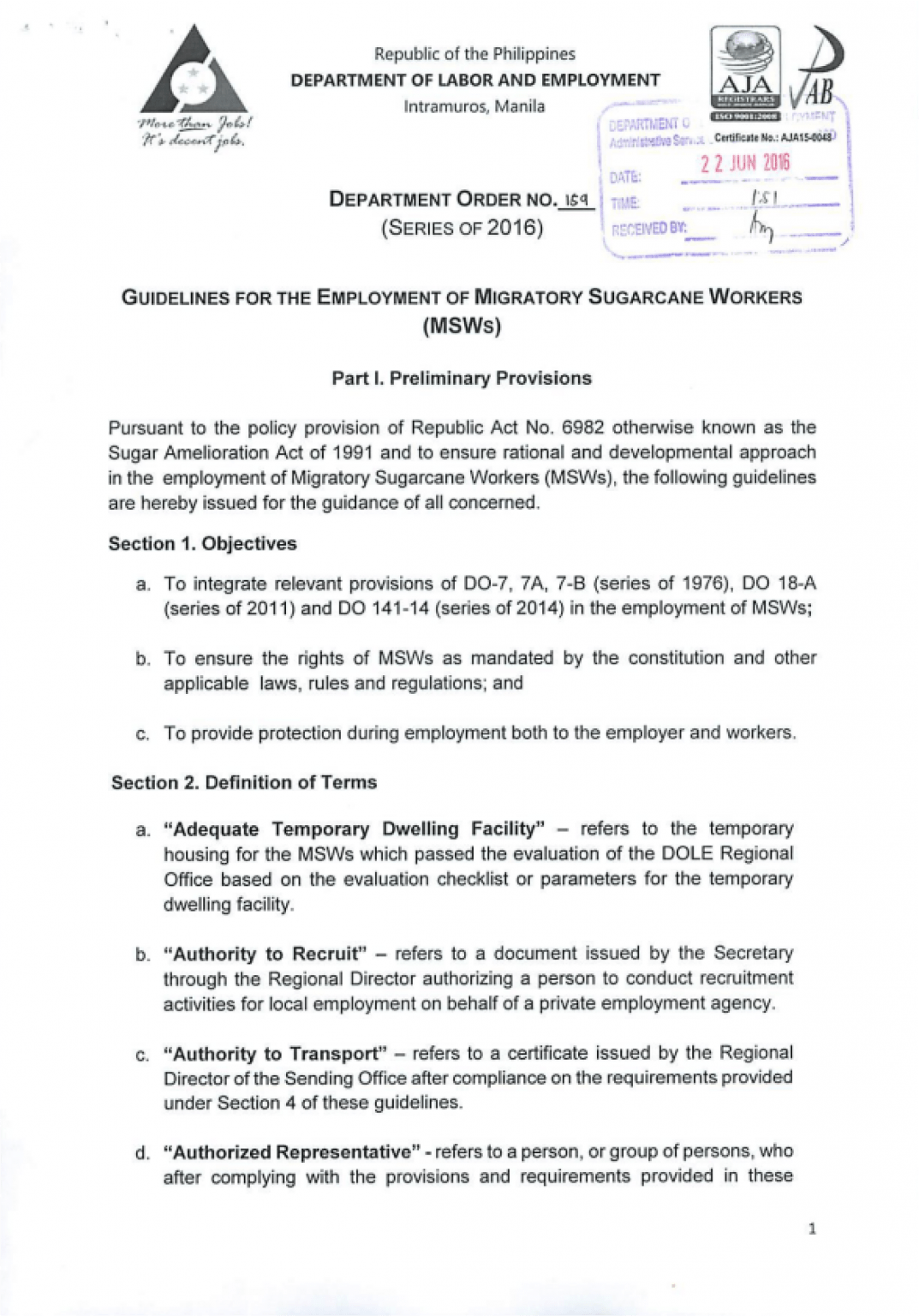 DOLE Issuances - Batang Malaya