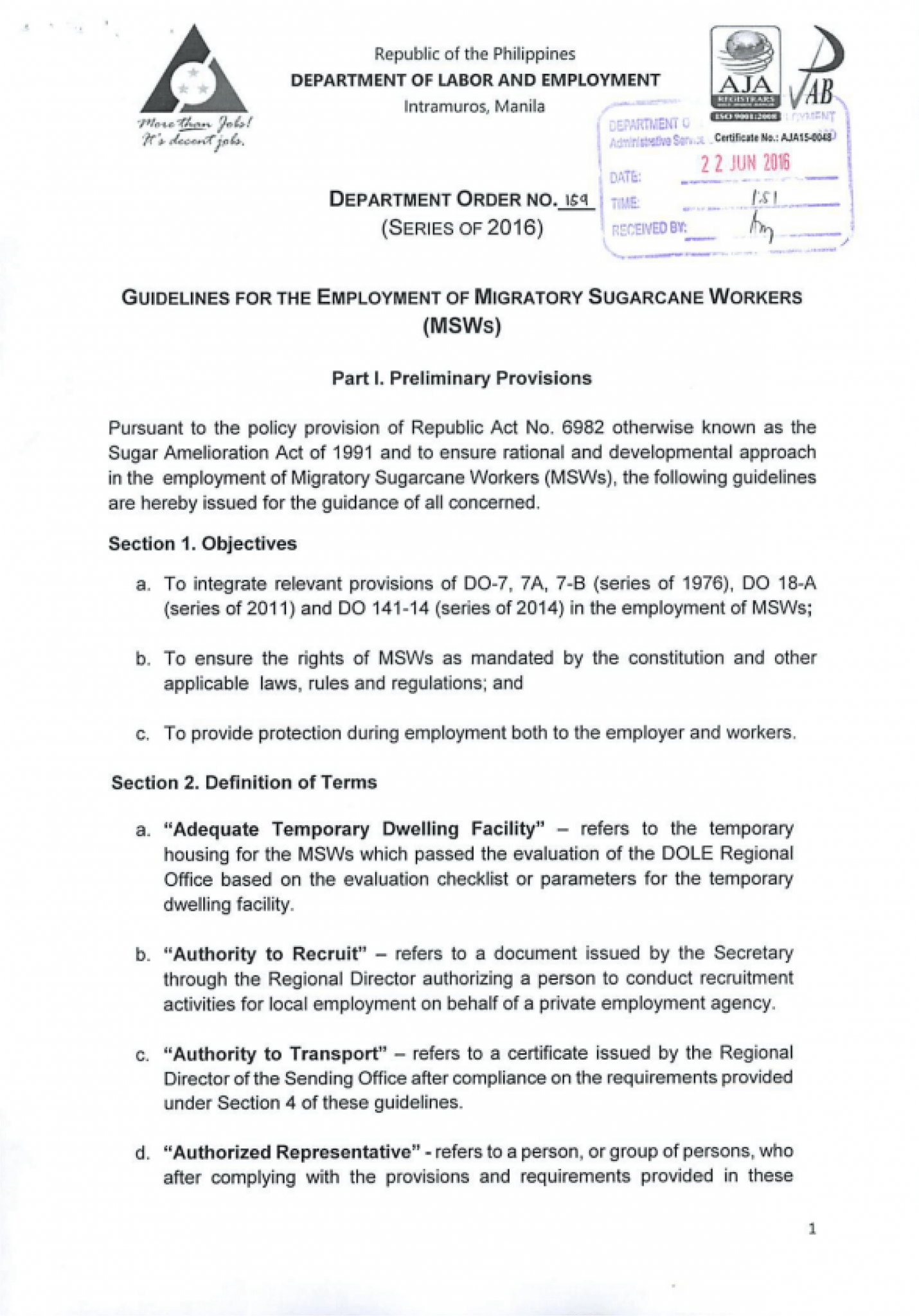 DOLE Issuances - Batang Malaya